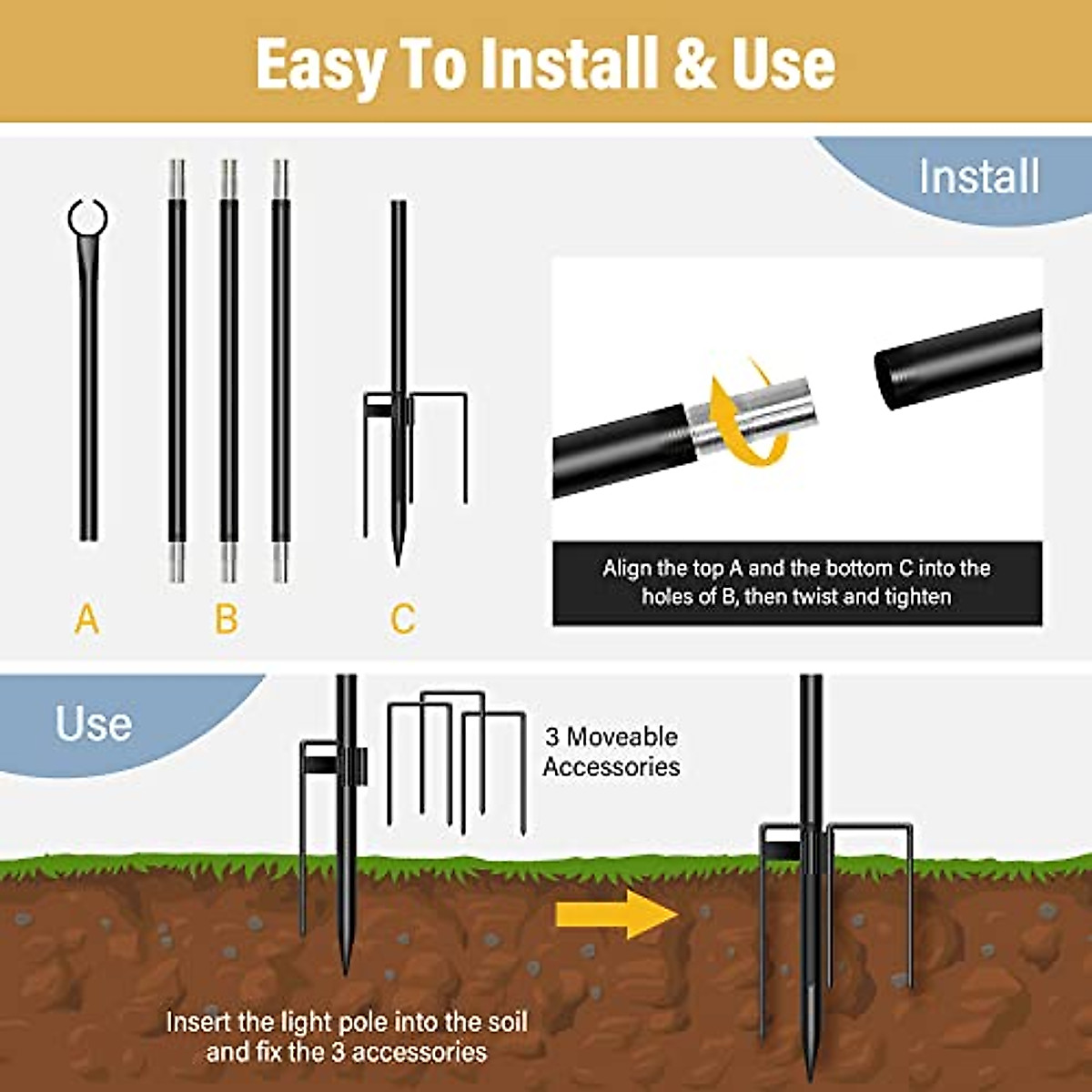 Ointo Garden String Light Pole - Outdoor Metal Poles with Hooks for Hanging String Lights - Garden, Backyard, Patio Lighting Stand for Parties, Wedding（2 Pack）