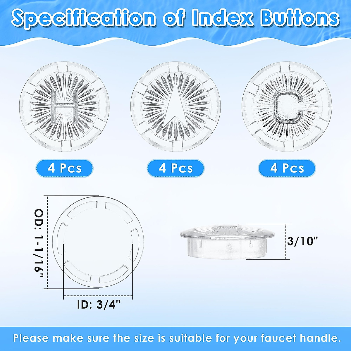 Dreyoo 4 Pack Faucet Index Buttons, Compatible with Gerber 94-445 94-446 94-447 Faucet Handles Button, Bathroom Sink Knobs Hot, Cold, Diverter Index Buttons, Acrylic, Clear