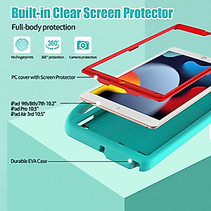 RTOBX Kids Case for iPad 10.2 & 10.5, iPad 9th/8th/7th Generation 10.2" 2021 2020 2019 Case with Screen Protector, iPad Air 3rd Gen/Pro 10.5 inch Protective Cover with Handle Stand, Cyan&Red