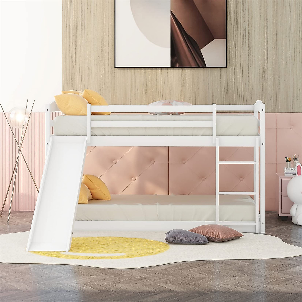 Low Bunk Beds Twin Over Twin Bunk Bed with Slide Wood Bed Frame for 2 Kids Toddlers Boys Girls Teens, White