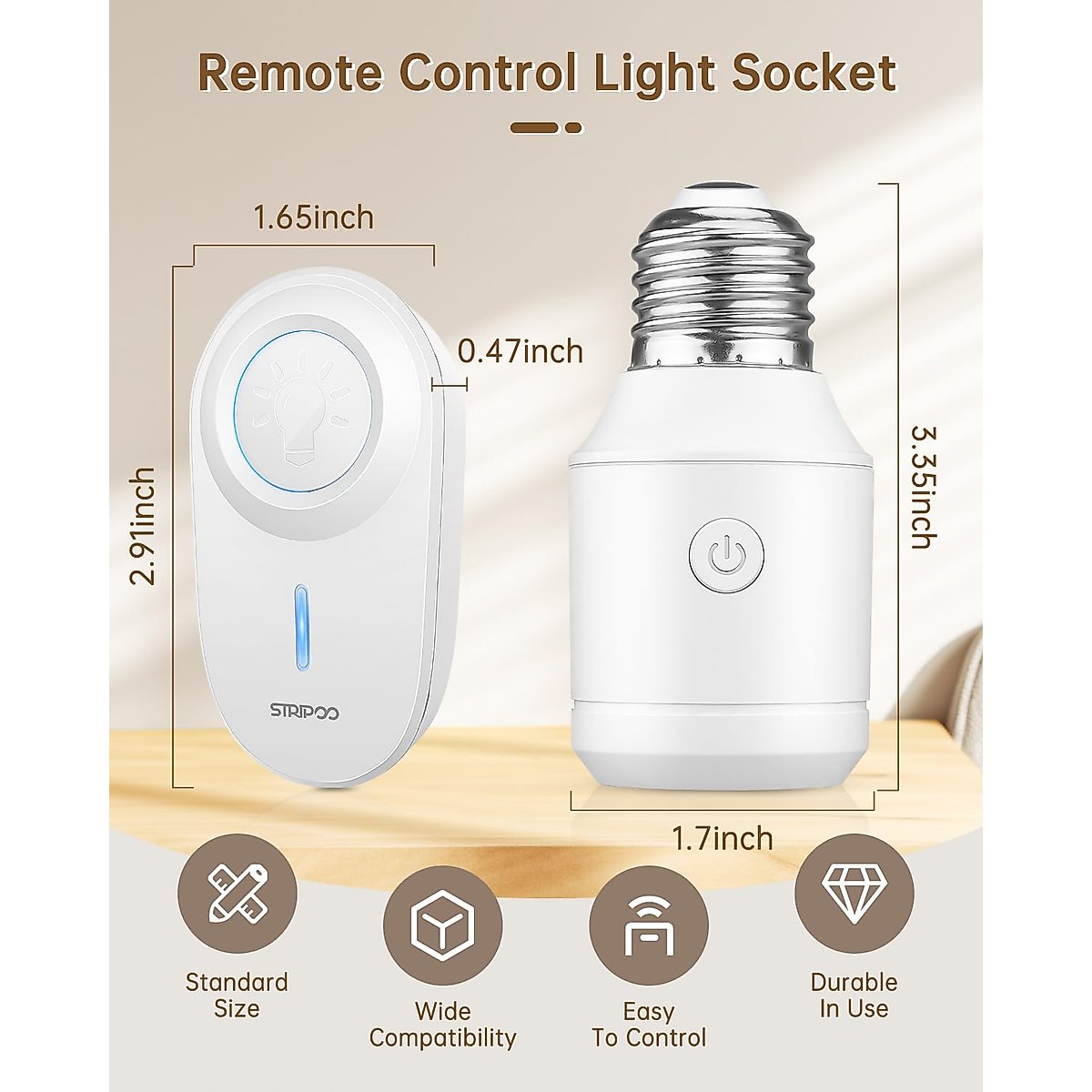 Remote Control Light Socket E26/E27 Bulb Base Holder, Wireless Light Switch for Pull Chain Light Fixtures, 300FT RF Range, No Wiring Wireless Light Switch for 500W Light Fixtures