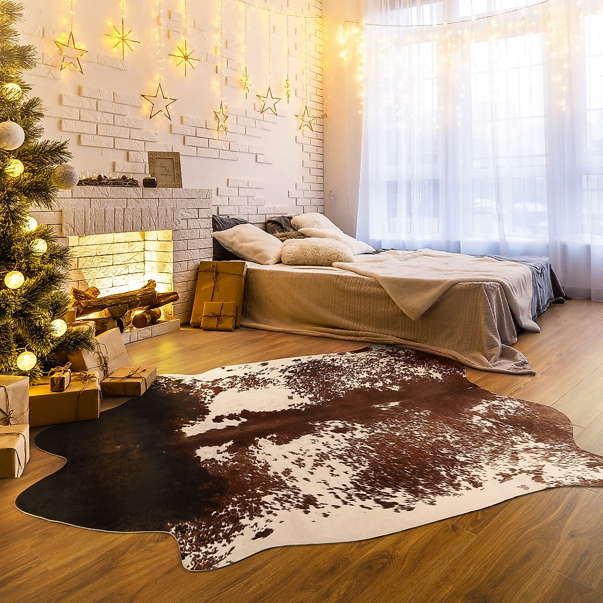 Chicrug Exquisite Faux Fur Cowhide Rug, 4.6 x 5.2 Feet Cow Hide Western Room Decor Rug for Living Room Bedroom, Non Slip Cute Cow Animal Print Floor Carpet for Kids Family, White and Brown