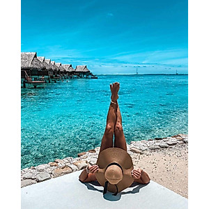 Lanzom Womens 5.5 Inches Big Bowknot Straw Hat Large Floppy Foldable Roll up Beach Cap Sun Hat UPF 50+One size(Khaki)