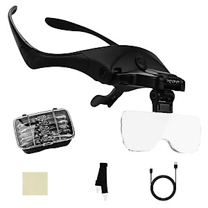 Headband Magnifying Glass with 4 LED Lights, Rechargeable Head Magnifier with 5 Detachable Lenses 1.0X, 1.5X, 2.0X, 2.5X 3.5X - Hands Free Lighted Magnifier Glass for Jewelry, Crafts, Cross Stitch