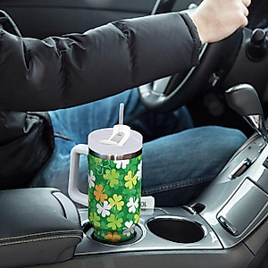 Bseiialft 40 oz Tumbler with Handle St Patrick's Day Shamrock Clovers Water Bottle with Lid and Straw Vacuum Insulated Cup Stainless Steel Travel Coffee Mug for Home Office Car