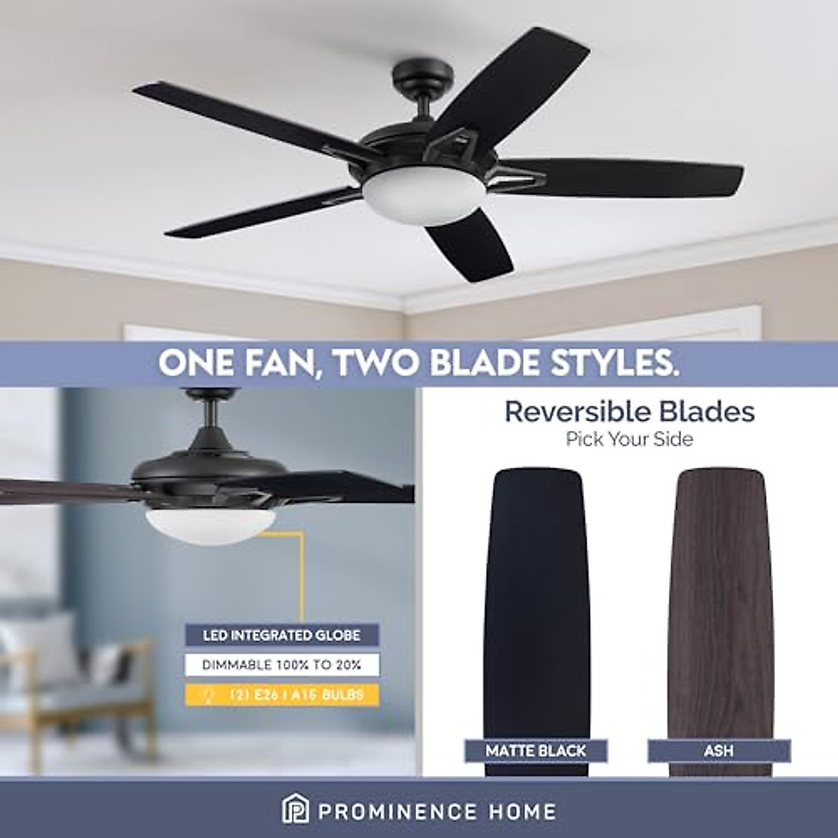 Prominence Home Clancy, 52 Inch Contemporary LED Ceiling Fan with Light, Remote Control, Dual Mounting Options, 5 Dual Finish Blades, Reversible Motor - 51483-01 (Matte Black)