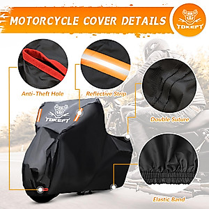 Tokept Black Motorcycle Cover, 210D Oxford Fabric All Weather Water Sun Protection, 96 inch Vehicle Cover for Harley Davidson Honda Suzuki Kawasaki Yamaha (XL)