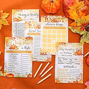Fuutreo 145 Pieces Thanksgiving Baby Shower Party Games Sets, 125 Pumpkin Theme Baby Shower Games Paper Cards with 20 Editable Pencils Gifts for Fall Harvest Family Party Game Supplies