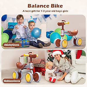 TWFRIC Balance Bike for 1+ Year Old Boys Girls, Toddler Balance Bike 12-36 Month No Pedal 4 Wheels Ride-on Baby Bike Riding Toys for 1 Year Old Birthday Gifts(Brown)