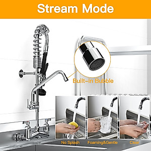FAUAID Commercial Sink Faucet with Sprayer 25" Height 8" Adjustable Center 10" Swing Spout,Brass Constructed Wall Mount Commercial Faucet with Pull Down Pre-Rinse Sprayer for 1/2 Compartment Sink（25"）