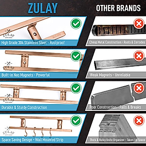 Zulay (12 Inch) Stainless Steel Magnetic Knife Holder For Wall - Powerful Knife Magnetic Strip With Extra Hanging Hooks - Wall Mount Magnetic Knife Strip & Organizer For Kitchen & Tools (Copper)