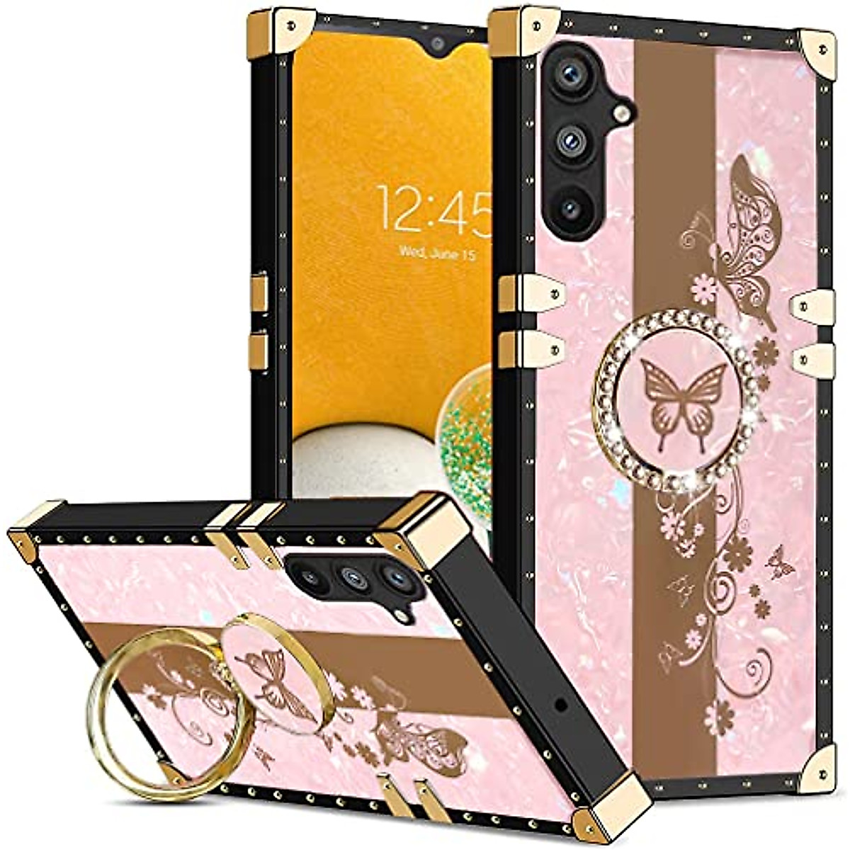 B-wishy for Samsung Galaxy A13 5G Phone Case, Glitter Crystal Butterfly Heart Floral Slim TPU Bling Diamond Rhinestone Cute for Girls Women with Ring Stand+Strap for Galaxy A13 5G(HD Pink)