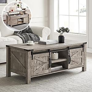 OKD 48" Farmhouse Lift Top Coffee Table with Sliding Barn Door, Rustic Center Table w/Hidden Storage Compartment, Lift Tabletop Dining Table w/Adjustable Shelf for Living Room,Light Rustic Oak
