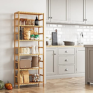 FOTOSOK 6-Tier Bamboo Shelf, Bamboo Bookcase with Adjustable Shelves, Free Standing Storage Shelf Unit, Plant Flower Stand for Kitchen, Bathroom, Home Office, Natural