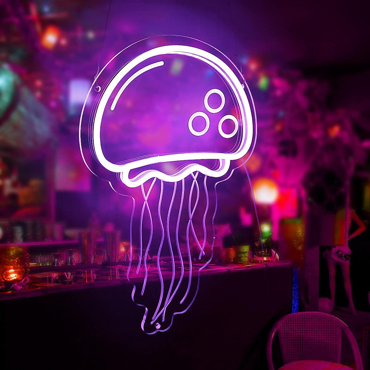 Jellyfish Neon Signs for Wall Decor Light Up Personalized for Bedroom, Bar, Birthday, Holiday Party, Wedding. USB Powered 3D Art Creative Purple Light LED with Dimmer Switch