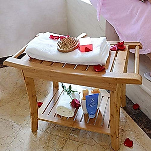 Zhuoyue Bamboo Spa Bath Shower Stool & Bench with Storage Shelf, Shower Bath Seats for Adults Seniors Women Elderly Tileable