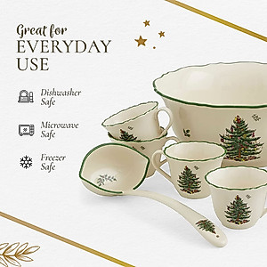 Spode Christmas Tree 10 Piece Punch Bowl Set- Made of Fine Porcelain Includes - 1 Punch Bowl - 1 Ladle - 8 Punch Cups - Punch Bowl is 11 Inch - Punch Cups are 8 oz.