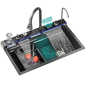Kitchen Sink Digital Display Embossed Large Single Groove 304 Stainless Steel Nano Raindance Waterfall Sink with Pressurized Cup Washer and Two Waterfalls