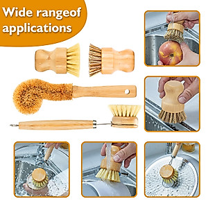 SAMEBUTECO Bamboo Dish Brushes Sets 4 Tools in One Kitchen Clean Dish Scrubber for Pots Pans Bottles with Natural Bristles (Bamboo Brushes Sets)