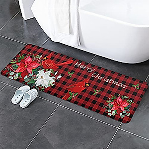 Kitchen Rug and Mat Set Merry Christmas Cardinal Poinsettia,Non-Slip Doormats Comfort Durable Floor Runner,Farm Berries Red Black Buffalo Check Washable Standing Carpet for Bedroom Living Room Decor