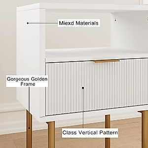 Masupu Nightstand,Mid-Century Modern Bedside Table with Storage Drawer and Open Wood Shelf,Small Gold Frame Side Table for Bedroom,Living Room,White