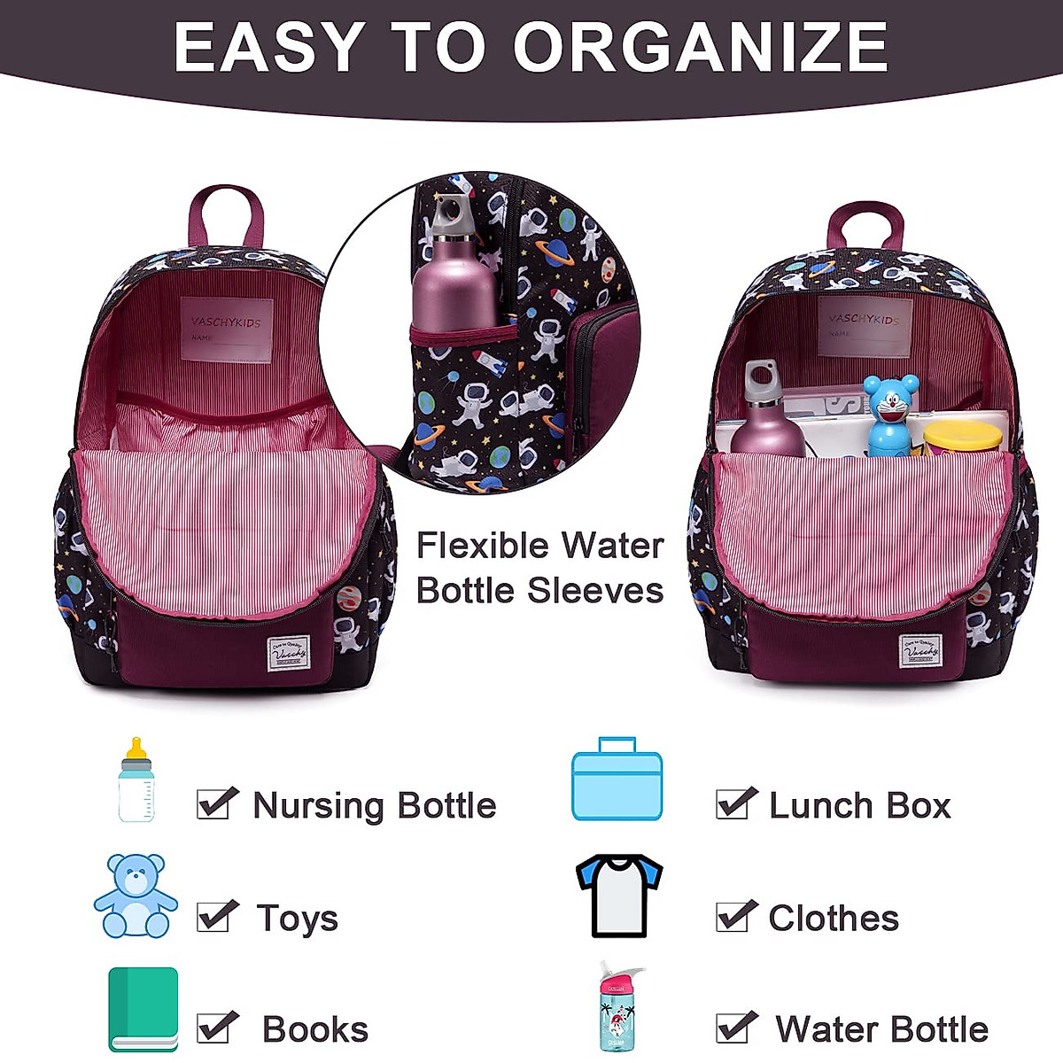 VASCHY Preschool Backpack, Cute Lightweight Water Resistant Kindergarten Backpack Bookbag for Boys and Girls Astronaut