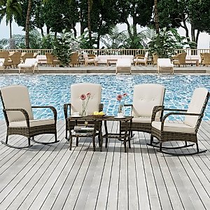 BALDPER 6 Pieces Patio Conversation Set, Outdoor Rocking Chairs, Wicker Bistro Set, Outdoor Furniture Set with Porch Chairs and Coffee Table for Deck Garden Poolside, Beige