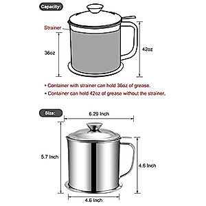 Bacon Grease Container with Strainer 1.25 L / 42 oz Strong SUS 304 Food-grade Stainless Steel Cooking Oil Keeper with Lid and Easy-Grip Handle Suitable for Storing Frying Oil and Cooking Grease