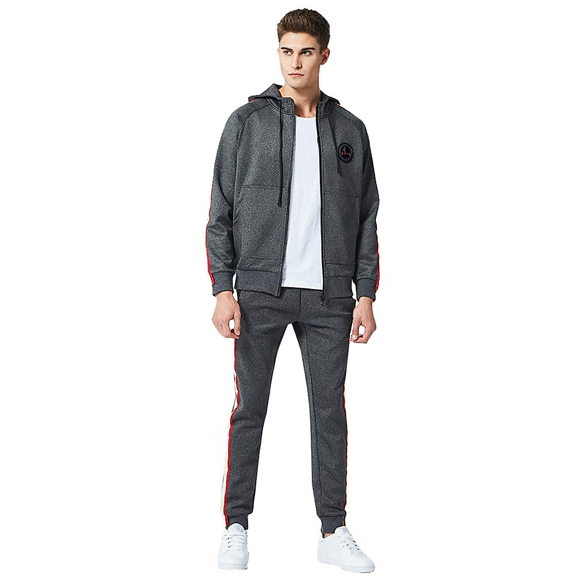 PASOK Men's Casual Tracksuit Set Long Sleeve Full-Zip Running Jogging Athletic Sweat Suits (XL, Style 2 Light Gray)