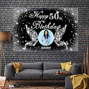 Custom Happy 50th Birthday Party Decoration Banner - Angel Wings Theme - Black and Silver
