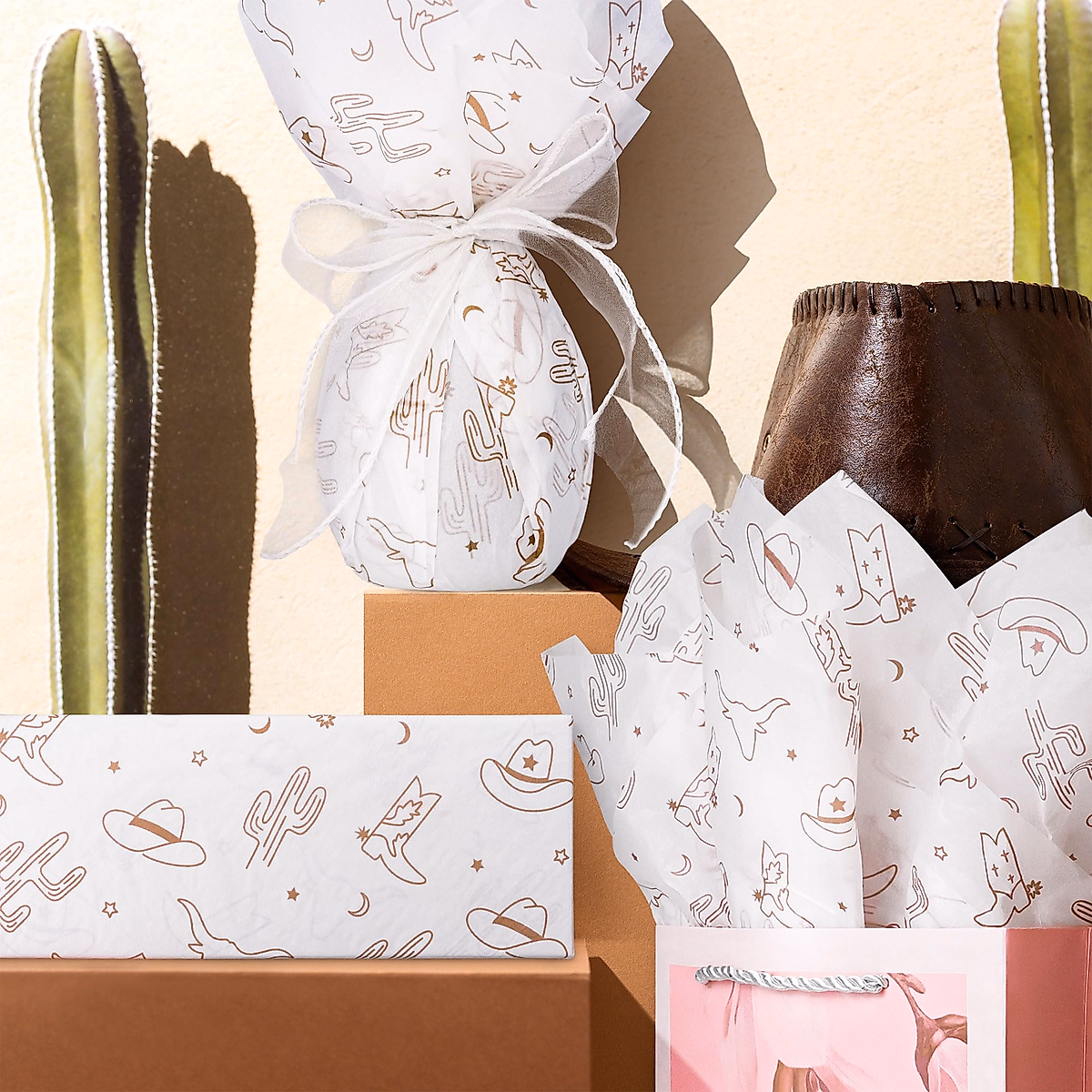 Hi Sasara 60 Sheets Western Cowboy Cowgirl Tissue Paper Bulk,14 x 20 inch,Brown Cow Boy Hat and Cow Boy Boots Tissue Paper for Gift Bags,White Cow Boy Girl Tissue Paper for Birthday (Brown)