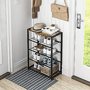 Yusong Shoe Rack, 5 Tier Shoe Organizer Storage for Closet Entryway, Narrow Tall Metal Shoe Shelves with Industrial Wooden Top, Rustic Brown and Black