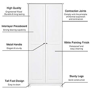 VINGLI White Pantry Cabinet, Tall Kitchen Pantry Storage Cabinet, Freestanding Pantry Cupboard, 2 Door Pantry for Laundry Room, Kitchen, Apartment