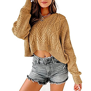 Tankaneo Women's V Neck Cropped Sweater Long Sleeve Crop Top Cable Knit Oversized Pullover Sweater Brown