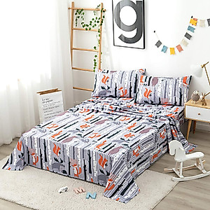 JSD Kids Printed Sheets Set Twin, Cute Forest Animals Fox Soft Microfiber Bed Sheets for Boys Girls, 3 Pieces
