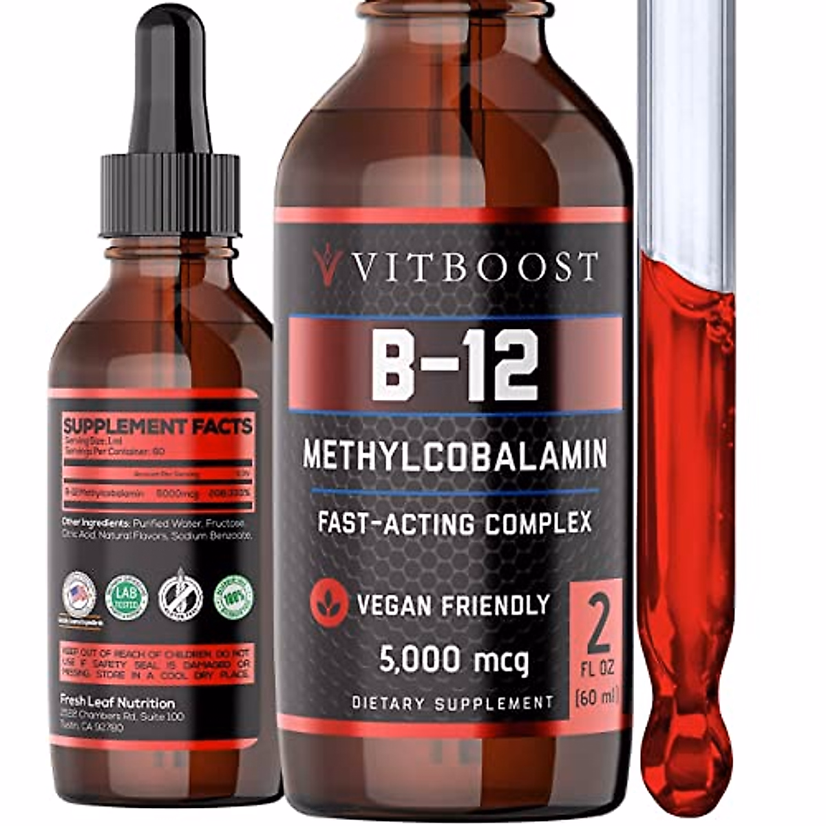 VITBOOST Vegan Liquid B-12 Drops – 60 x 5000 mcg Extra Strength Raspberry Flavored Vitamin B12 Liquid Methylcobalamin sublingual Supplement | Designed to Maximize Absorption & Energy | Gluten Free