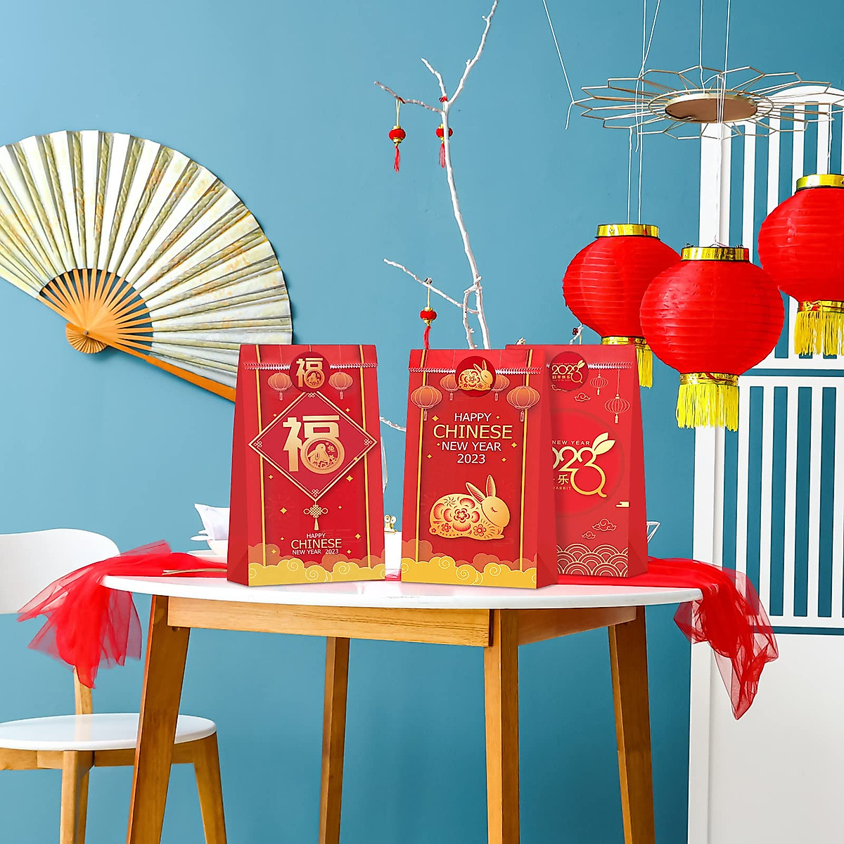 MIMIND 24 Pieces 2023 Happy Chinese New Year Gift Bags Lunar New Year Spring Festival Treat Candy Favor Bags with Round Sticker for Year of The Rabbit Chinese New Year Party Supplies Decors, 6 Design