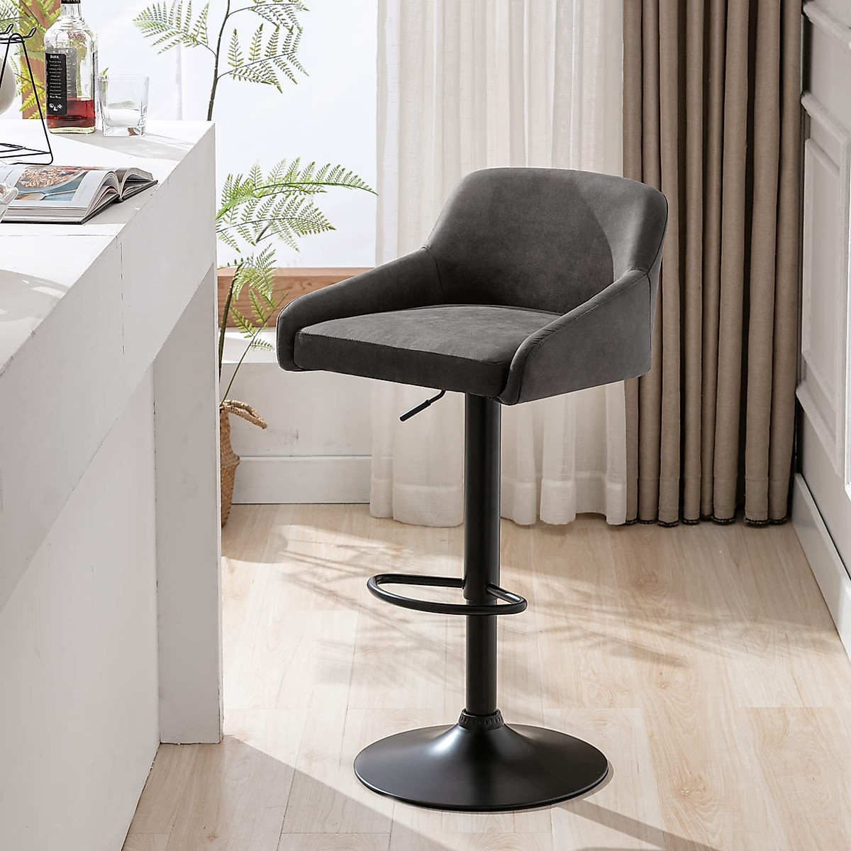 Fefances Bar Stools Counter Height Bar Stool Faux PU Swivel Bar Stools Height Adjustable with Black Metal Base Dark Gray
