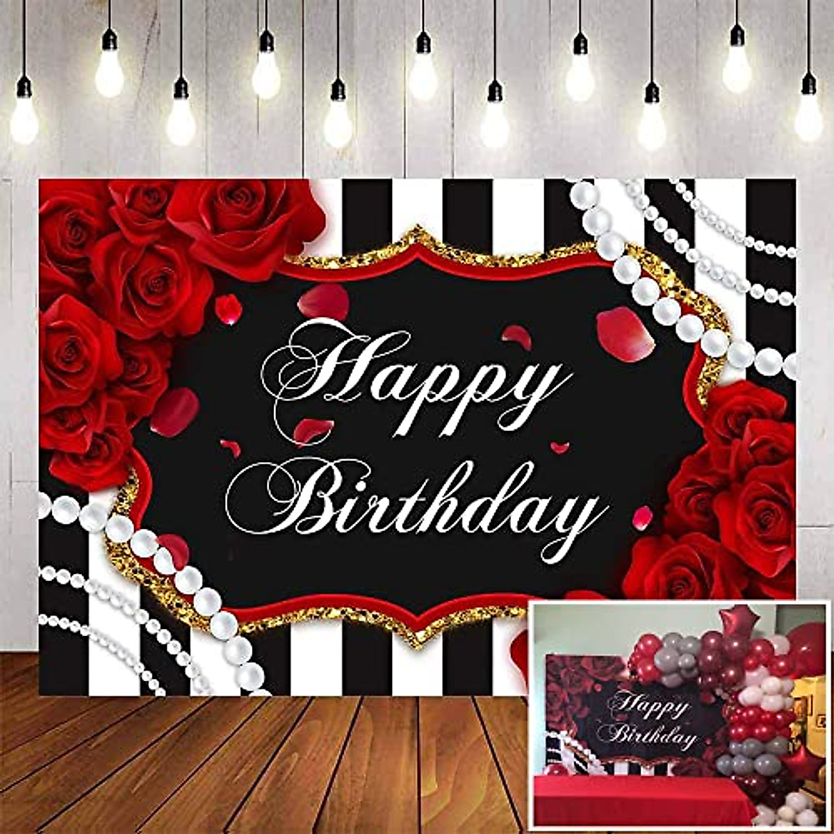 Avezano Happy Birthday Rose Flower Backdrop Red and Black Stripe 7x5ft Birthday Party Decoration Pearl Red Floral Dessert Table Banner