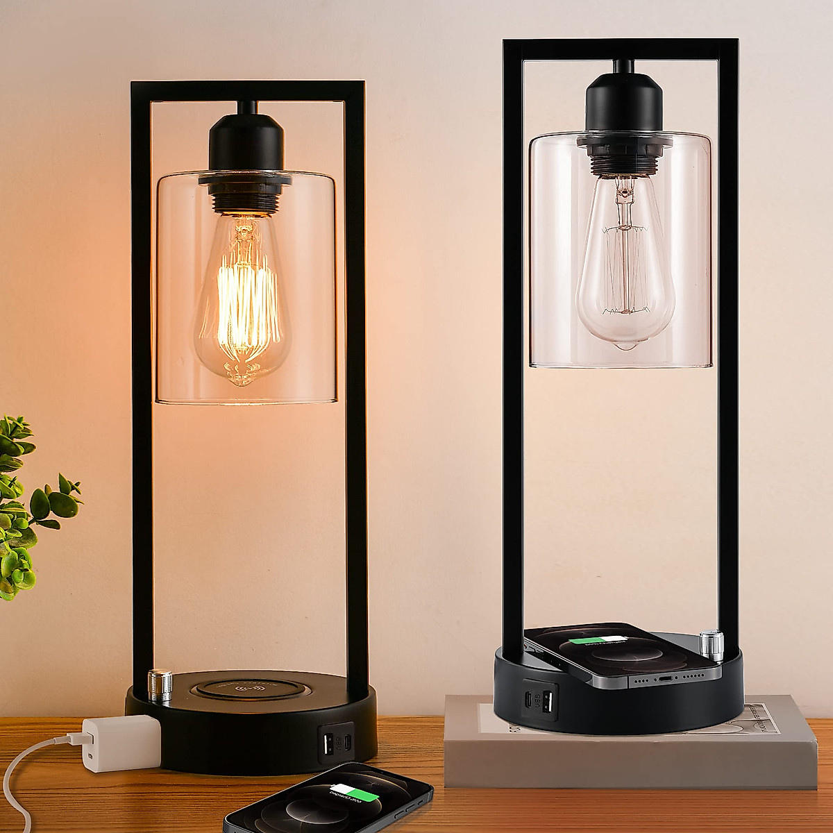 LEDIARY Set of 2 Wireless Charging Table Lamps with AC Outlet and 2 USB Ports, Fully Stepless Dimmable Bedside Lamps, Industrial Nightstand Lamp with Glass Shade for Bedroom, 2200K Bulbs Included