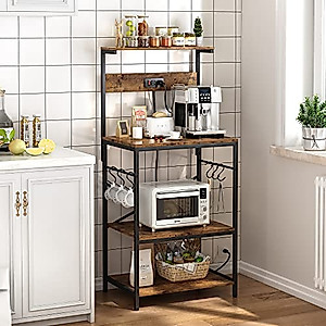 SUPERJARE Kitchen Bakers Rack with Power Outlet, Coffee Bar Table 4 Tiers, Kitchen Microwave Stand with 6 S-shaped Hooks, Kitchen Storage Shelf Rack for Spices, Pots and Pans - Rustic Brown