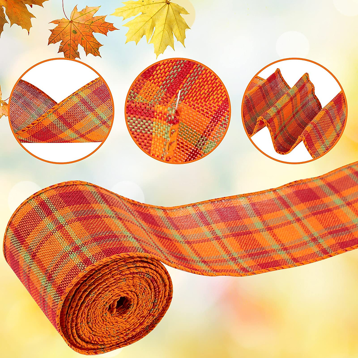 Whaline 6 Rolls Fall Thanksgiving Burlap Ribbon 30 Yard Orange Plaid Autumn Harvest Ribbon Pumpkin Fall Leaves Wired Edge Wrapping Ribbon Rustic Craft Ribbon for Wreath Floral Bows Craft Decor, 2.5In