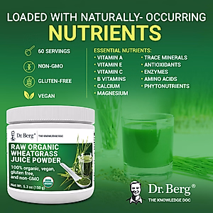Dr. Berg's Wheatgrass Superfood Powder - Raw Juice Organic Ultra-Concentrated Rich in Vitamins and Nutrients - Chlorophyll and Trace Minerals - 60 Servings - Gluten-Free Non-GMO - 5.3 oz (1 Pack)