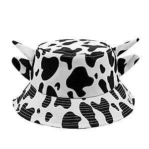 JUMISEE Men Women Cotton Cow Print Bucket Hat Summer Beach Sun Hat Fisherman Hat with Cute Horn Ears