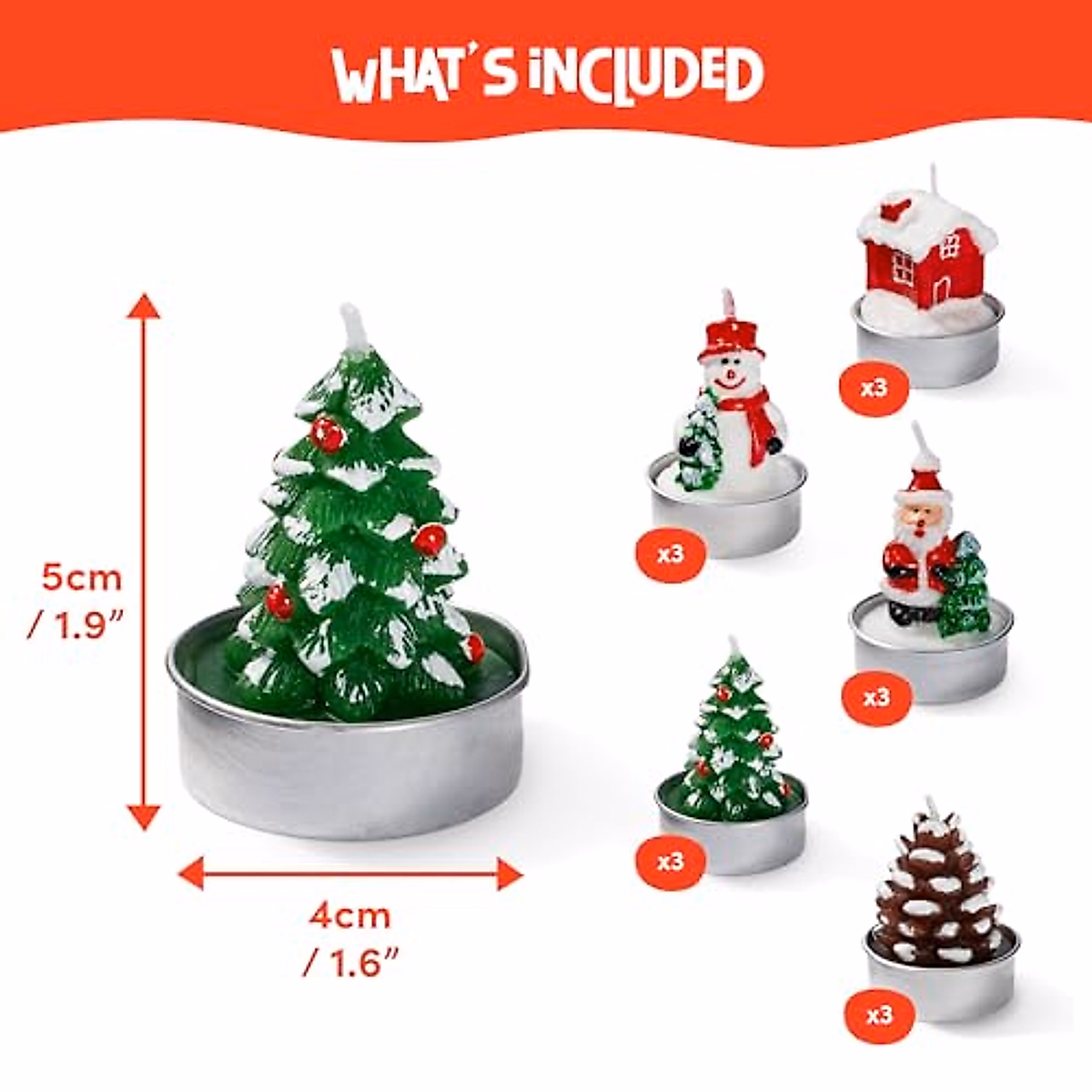 THE TWIDDLERS 15 Mini Christmas Unscented Tea Light Candles in 5 Assorted Designs (Xmas Tree, Santa, Snowman, Pinecone, Festive Home) 2.5 Hours Ideal for Home Decor, Dinner Tablle, Parties