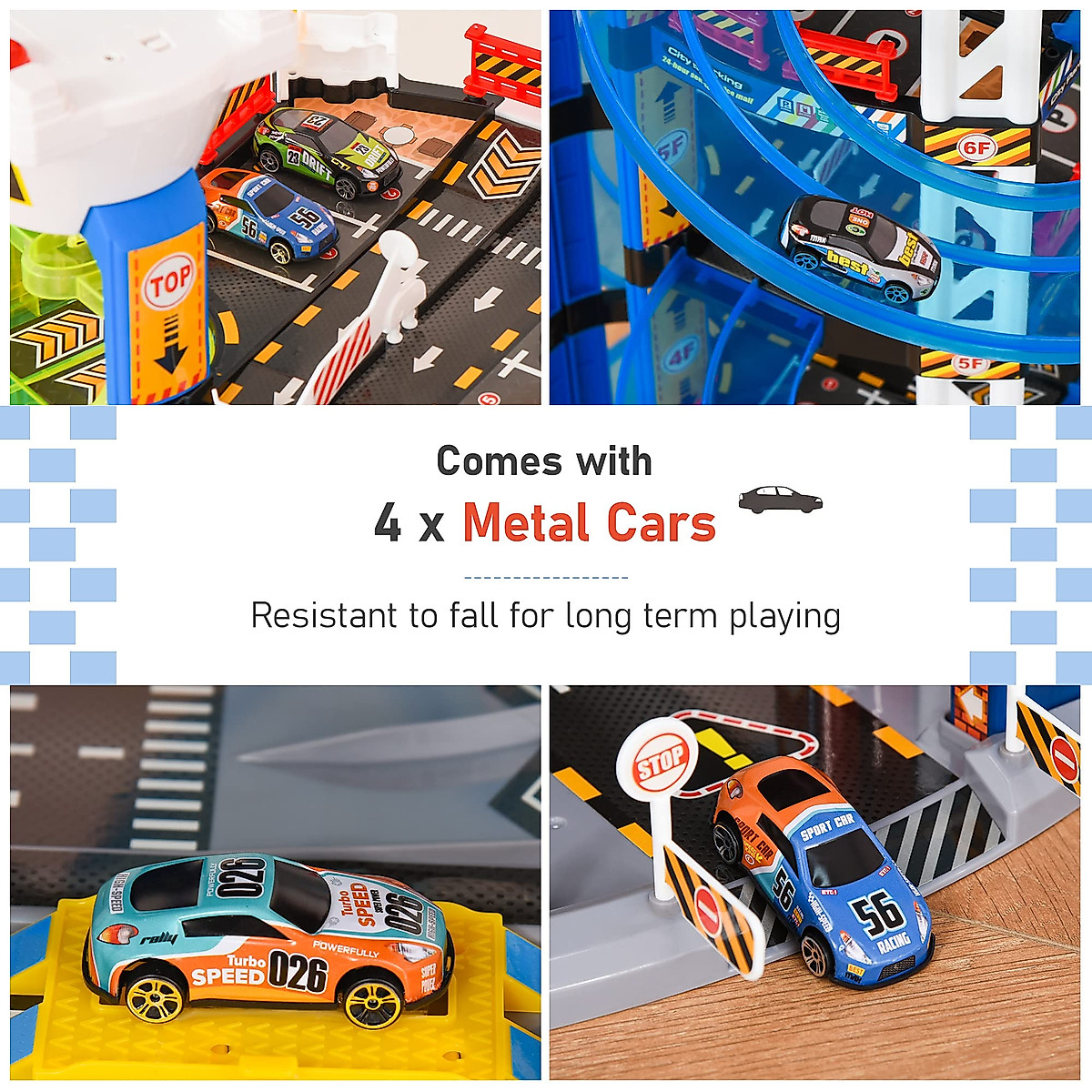 Qaba 7-Level Car Parking Garage Toy Dual Race Tracks Car Ramp Set Toddler Car Games 102 PCS w/Electric Elevator Wash, Gas, Ejector & Car Repair Station Metal Cars for 3-6 Years Old