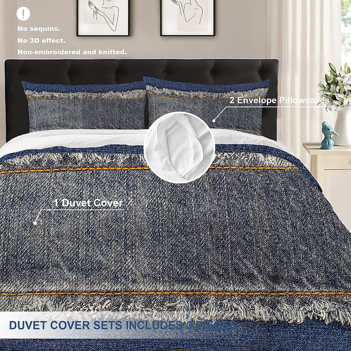 Batmerry Blue Fringe Orange Queen Size 3 Pieces Bedding Comforter Cover Sets,Soft Fluffy Denim Torn Worn Blue Jeans Pattern Printed Duvet Cover for All Season