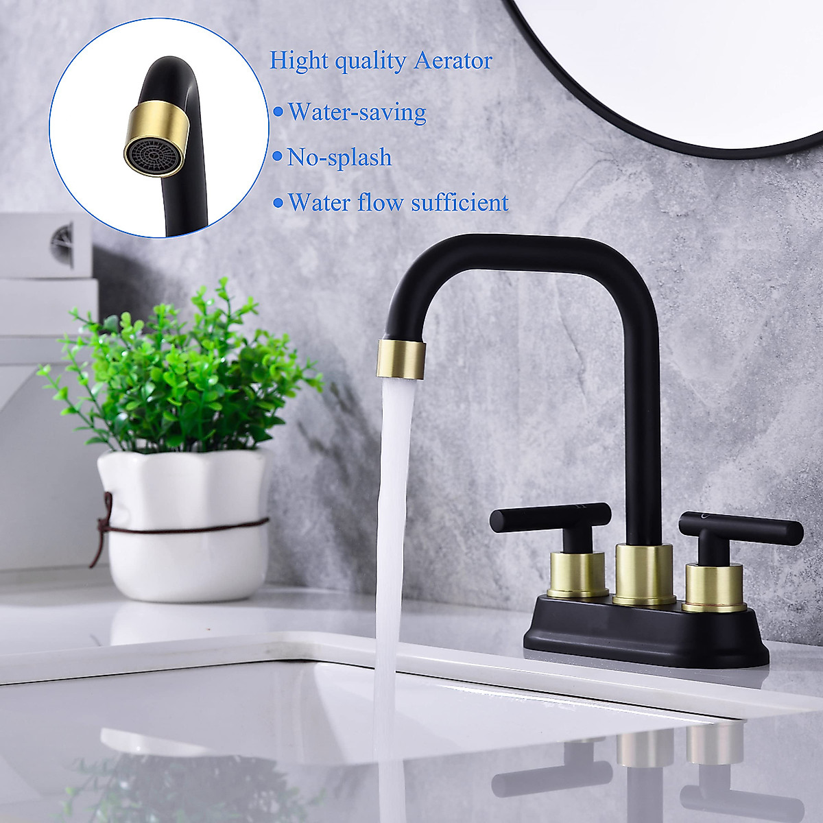 Zexzen 2 Handle Bathroom Faucet Black and Gold, 4 Inch Centerset Bathroom Sink Faucet with Pop Up Drain, Bathroom Faucet 3 Hole with Two Water Supply Lines (Brushed Gold and Black)