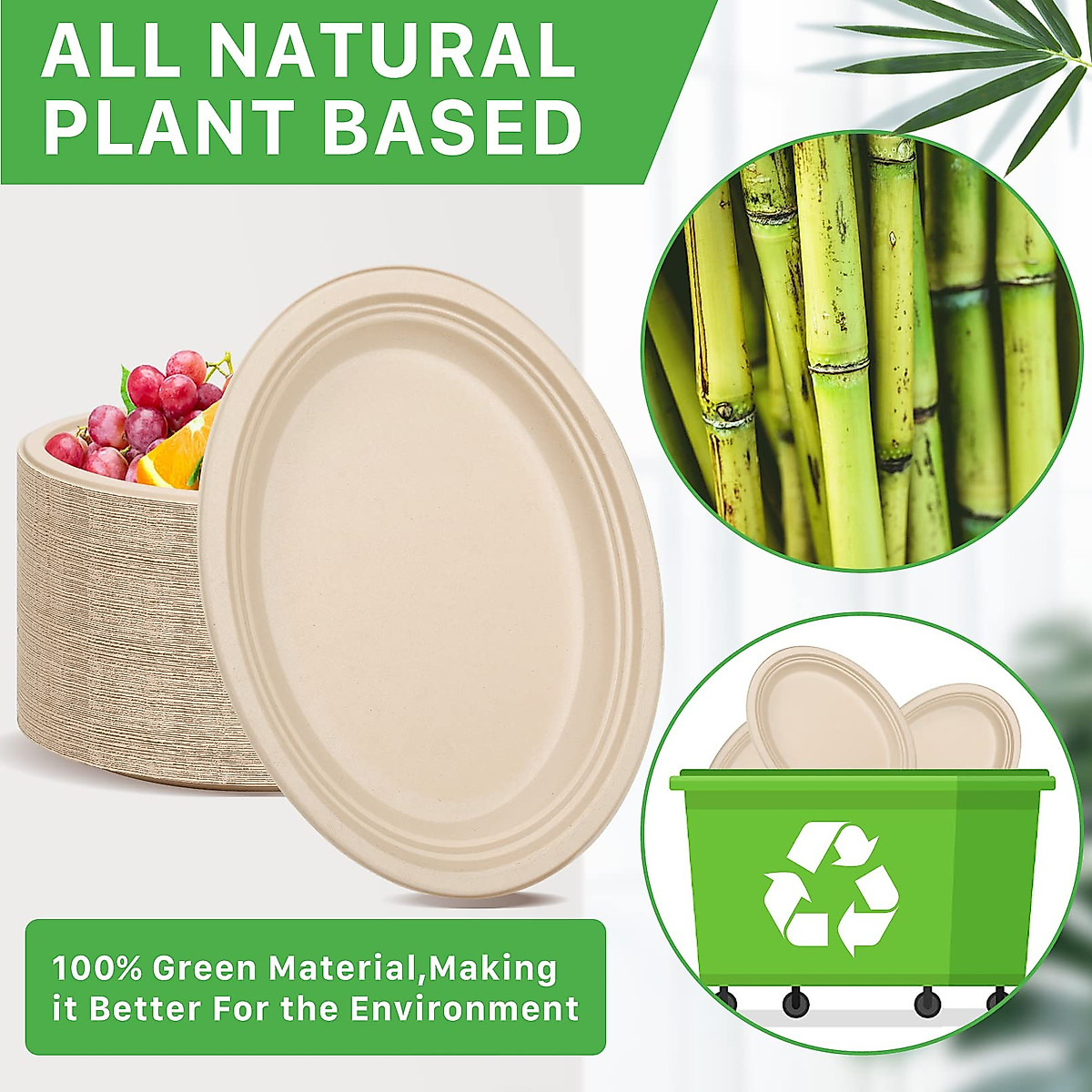50 Pack Oval Paper Plates,100% Compostable Paper Plates,12 inch Paper Plates Heavy Duty,Disposable Paper Plates,Natural Bagasse Unbleached Eco-Friendly Sugarcane Plates for BBQ Party Picnic Gathering