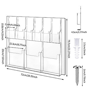 Barydat Acrylic Brochure Holder Wall Mount Plastic Magazine Display Clear Literature Rack Acrylic Pamphlet Holder Wall Mount Flyer Brochure Organizer, 3 Magazine Pockets, 6 Pamphlet Pockets
